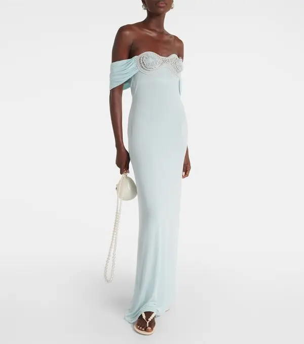slate blue off the shoulder dress Long Off Shoulder Formal Chiffon Bridesmaids Dress