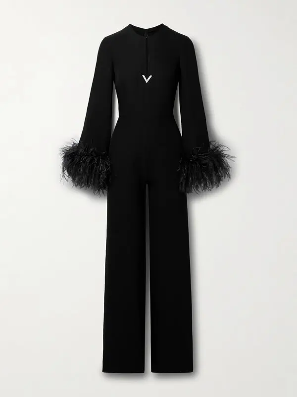 Valentino Garavani Cutout Embellished Feather-trimmed Jumpsuit - Black