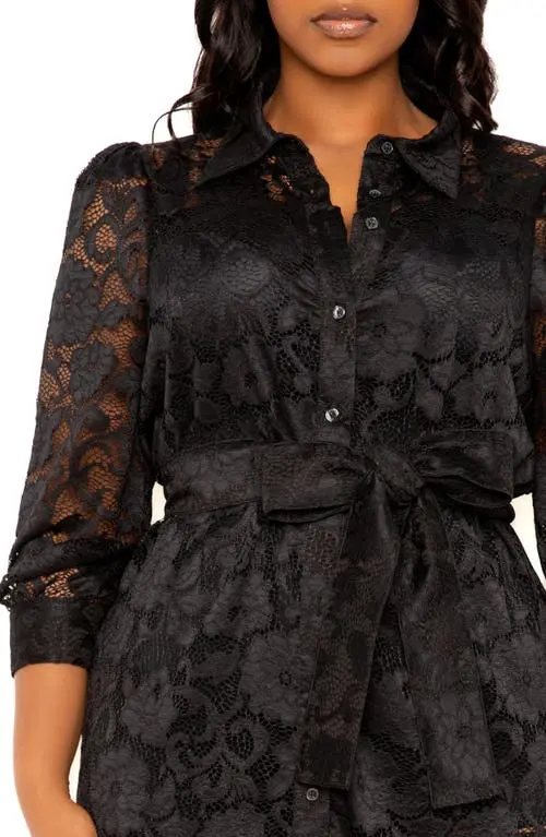 BUXOM COUTURE Floral Lace Midi Shirtdress With Tie Belt