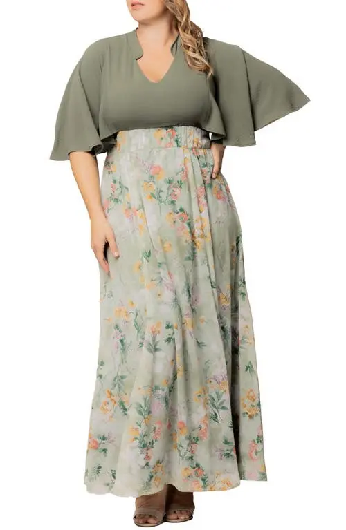 KIYONNA Avisa Flutter Sleeve Maxi Dress - Sage Multi