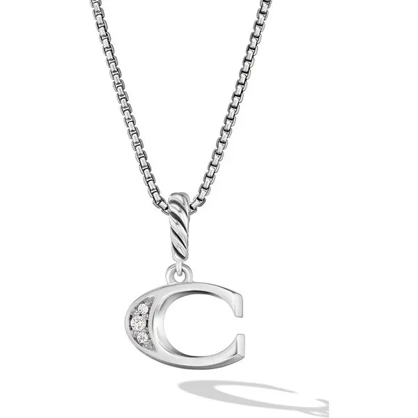 David Yurman Sterling Silver Pavé Diamond Initial Pendant Necklace - Sterling Silver - C