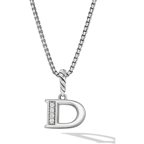 David Yurman Sterling Silver Pavé Diamond Initial Pendant Necklace - Sterling Silver - D
