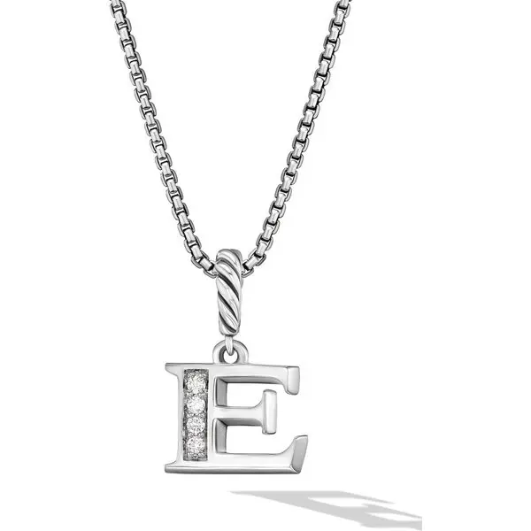 David Yurman Sterling Silver Pavé Diamond Initial Pendant Necklace - Sterling Silver - E