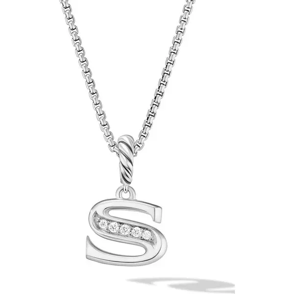 David Yurman Sterling Silver Pavé Diamond Initial Pendant Necklace - Sterling Silver - S