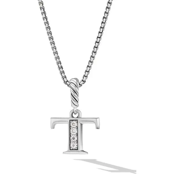 David Yurman Sterling Silver Pavé Diamond Initial Pendant Necklace - Sterling Silver - T