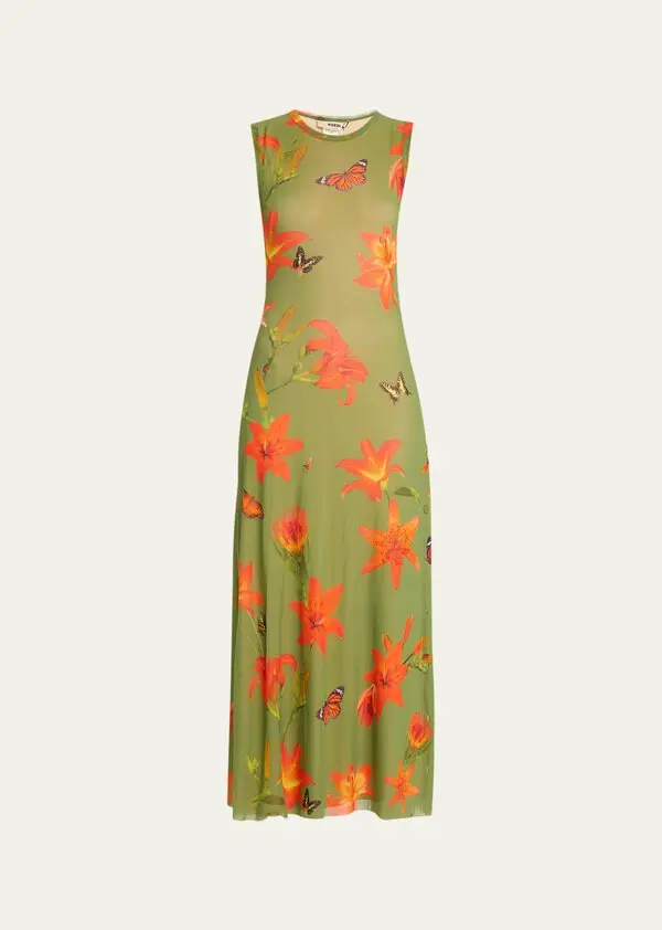 FUZZI Sleeveless Floral-print Tulle Maxi Dress Lettuce