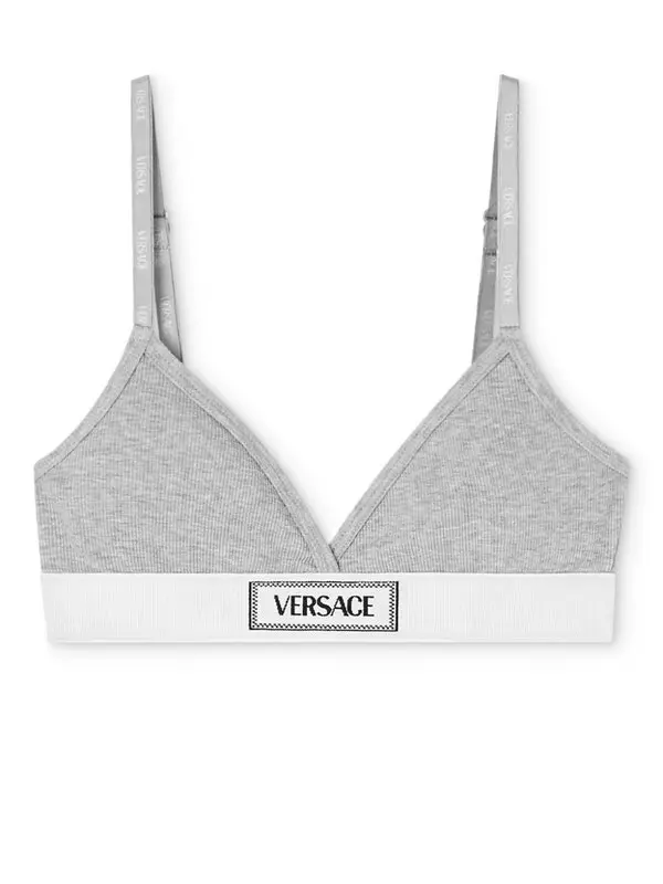 Versace Logo-patch Cotton-blend Bra - Grey