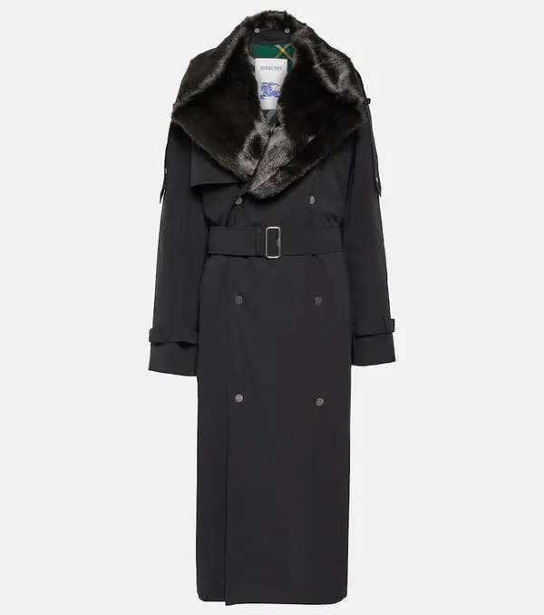 Burberry Faux Fur-trimmed Cotton-blend Trench Coat - Black