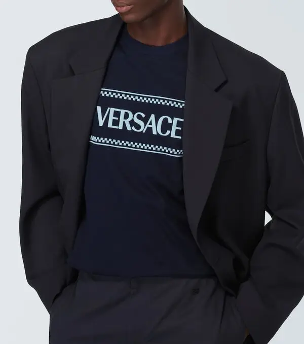 Versace Logo Embroidered Cotton Jersey T-shirt - Blue