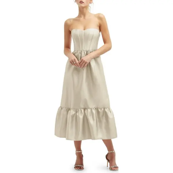 Dessy Collection Corset Ruffle Hem Strapless Satin Midi Dress - Champagne