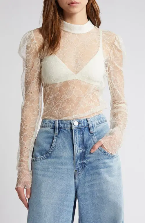 FRAME Sheer Lace Mock Neck Top