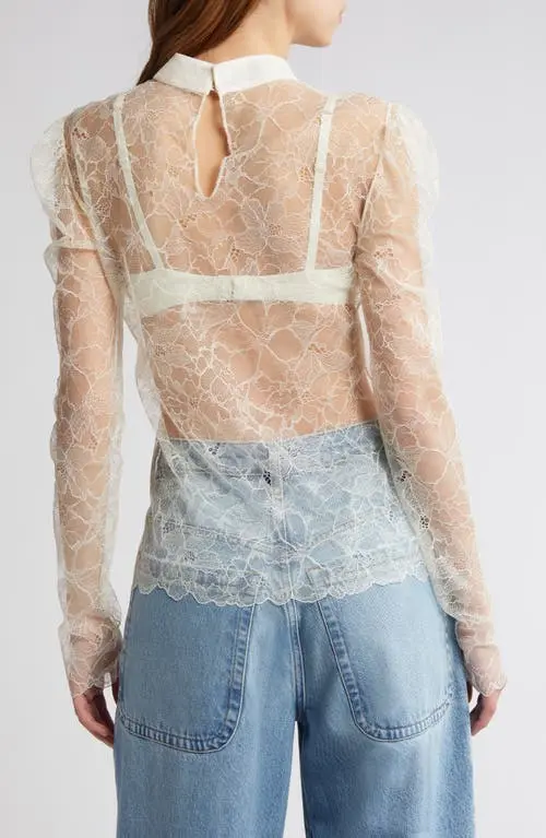 FRAME Sheer Lace Mock Neck Top