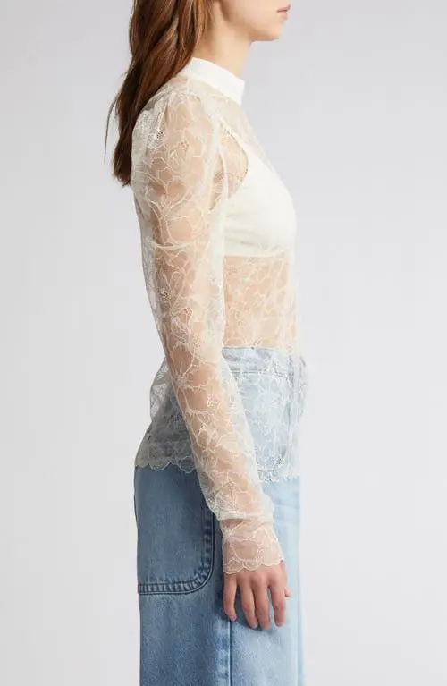 FRAME Sheer Lace Mock Neck Top