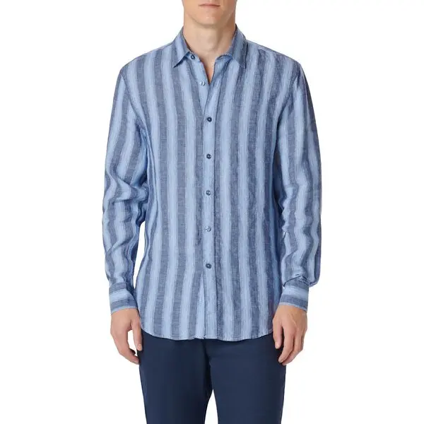 Bugatchi Julian Shaped Fit Stripe Linen Button-up Shirt