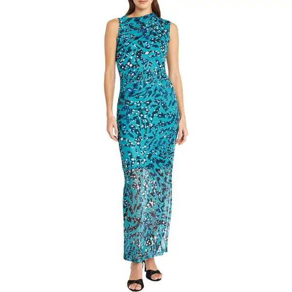 maggy london blue dress Maggy London Shimmer Long Sleeve Gather Midi Party Dress