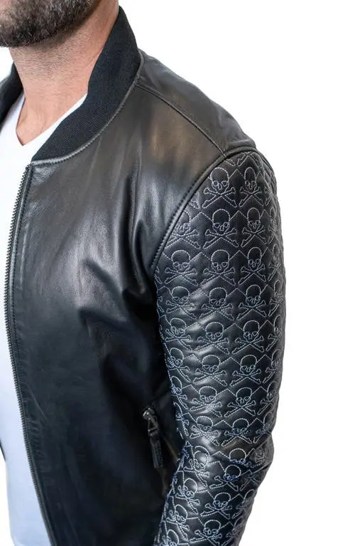 MACEOO Skull Sleeve Leather Jacket