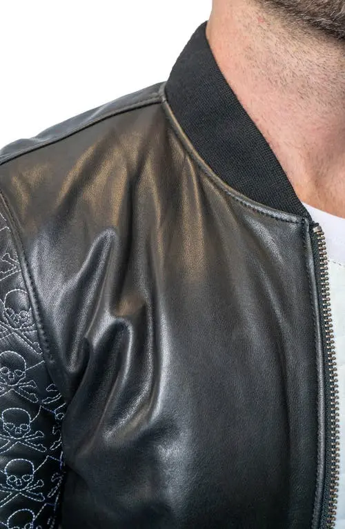 MACEOO Skull Sleeve Leather Jacket