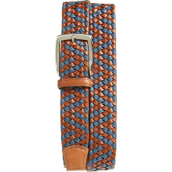 Torino Braided Leather & Linen Belt - Cognac/navy
