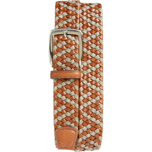 Torino Braided Leather & Linen Belt - Cognac/taupe