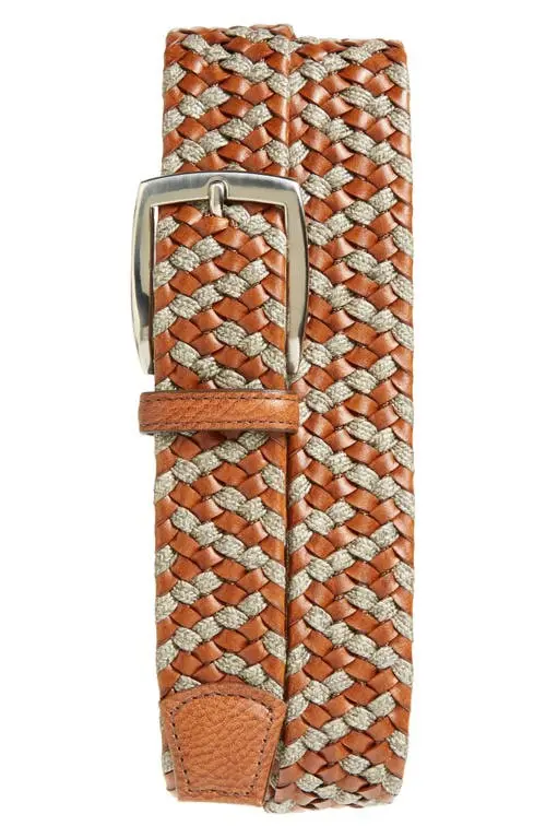 Torino Braided Leather & Linen Belt - Cognac/taupe