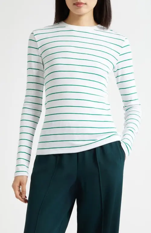 Vince Stripe Long Sleeve Crewneck Top - Emerald Combo