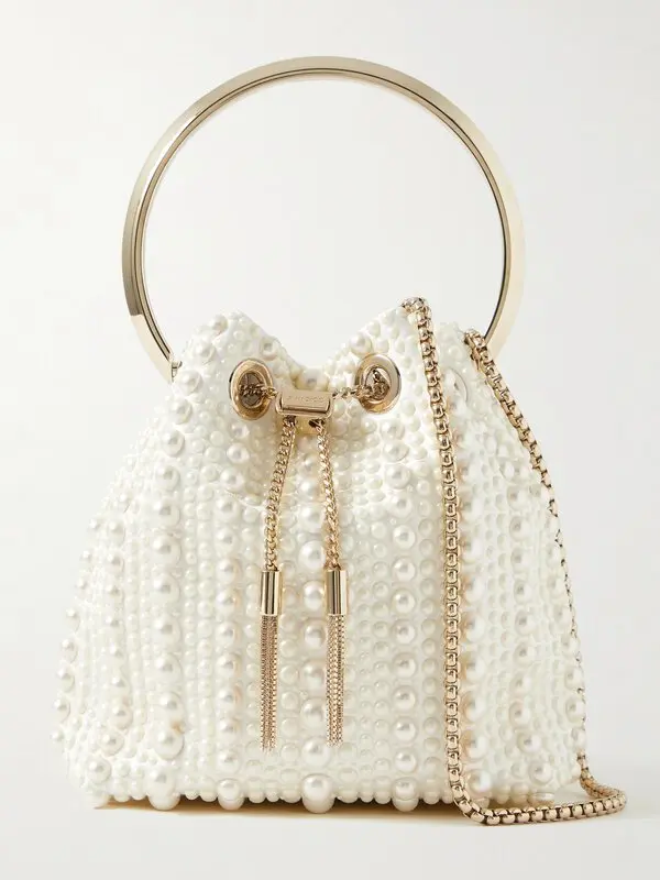 JIMMY CHOO Bon Bon Embellished Bucket Bag - White