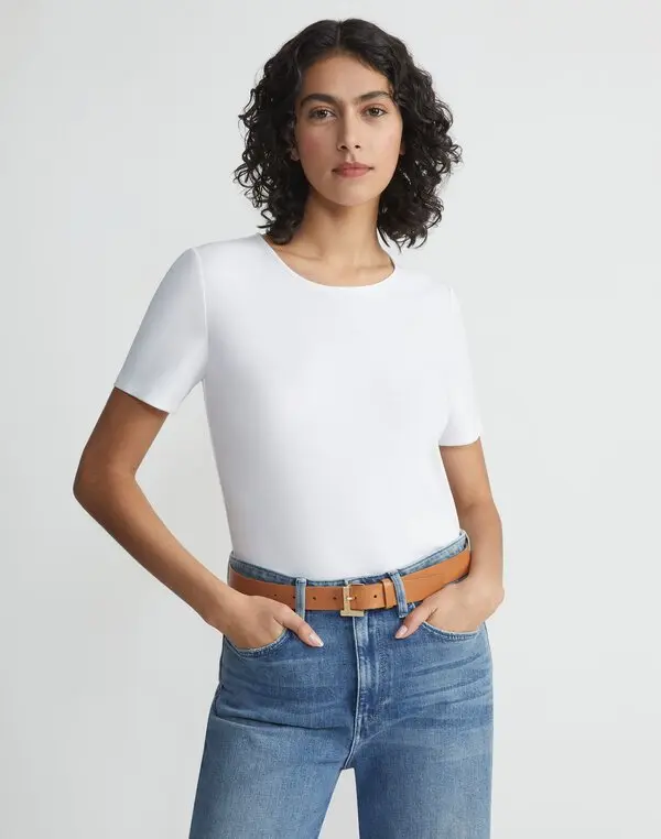 Lafayette 148 New York Cotton Rib Short Sleeve Crewneck T-shirt - White