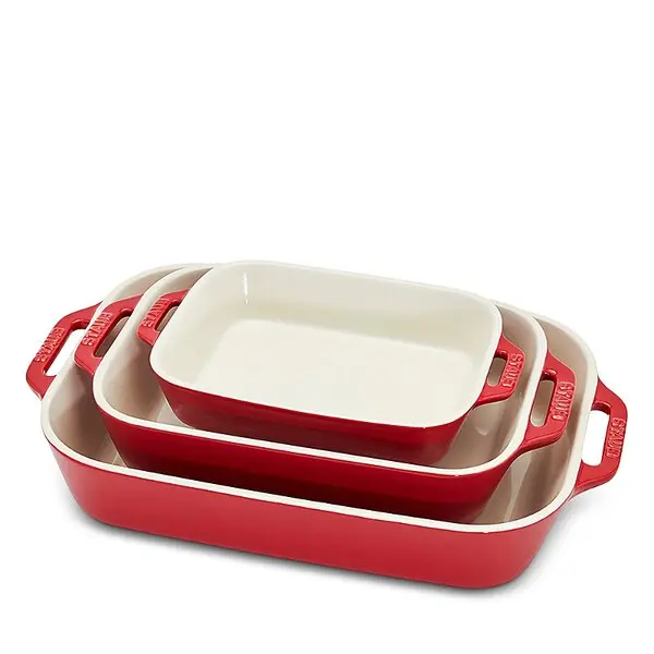 STAUB 3 Pc Rectangular Stoneware Bakers Set - Red