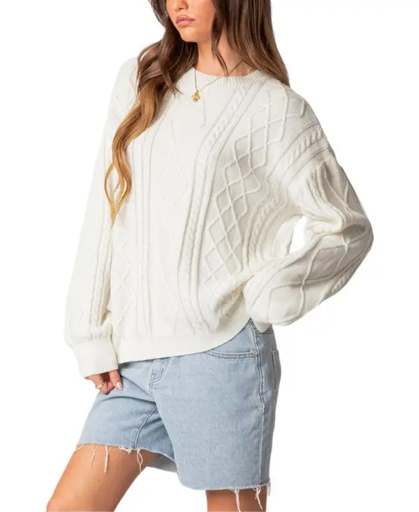 EDIKTED Jessy Cable Knit Oversized Sweater - Cream