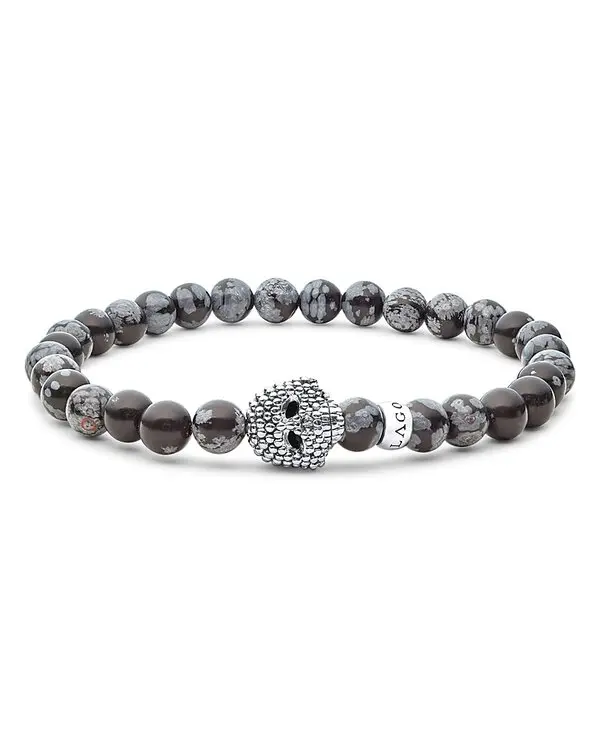 Lagos Sterling Silver Anthem Snowflake Obsidian Bead Skull Stretch Bracelet - Black/silver