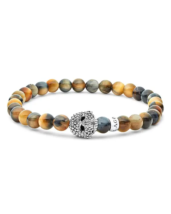Lagos Sterling Silver Anthem Tiger Eye Bead Skull Bracelet - Brown/silver