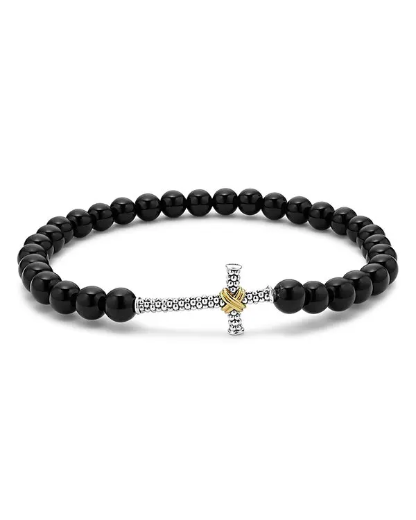 Lagos 18k Yellow Gold And Sterling Silver Anthem Onyx Bead Cross Stretch Bracelet - Black/silver