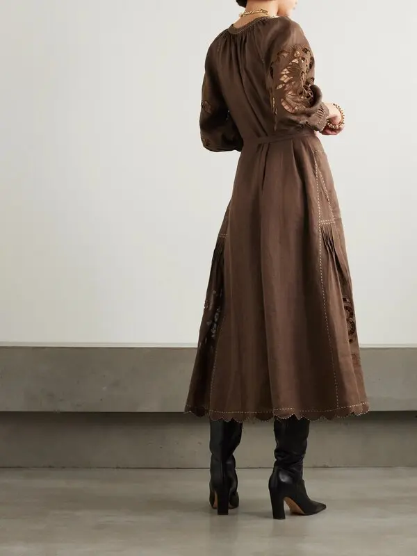 Vita Kin Sunflower Belted Embroidered Broderie Anglaise Linen Midi Dress -  Brown | Editorialist