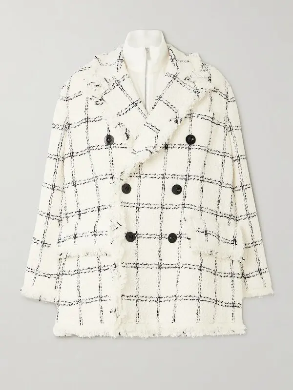 Sacai Checked Wool-blend Tweed Jacket With Layered Track Top - Neutrals