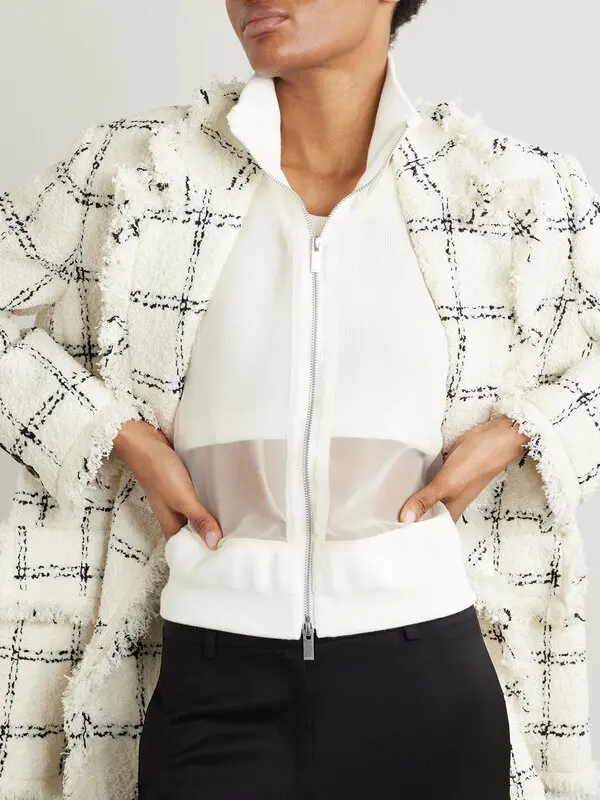 Sacai Checked Wool-blend Tweed Jacket With Layered Track Top