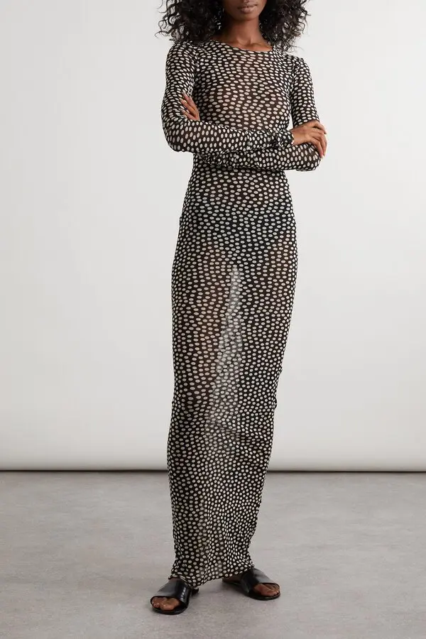 Saint Laurent Polka-dot Mesh Maxi Dress