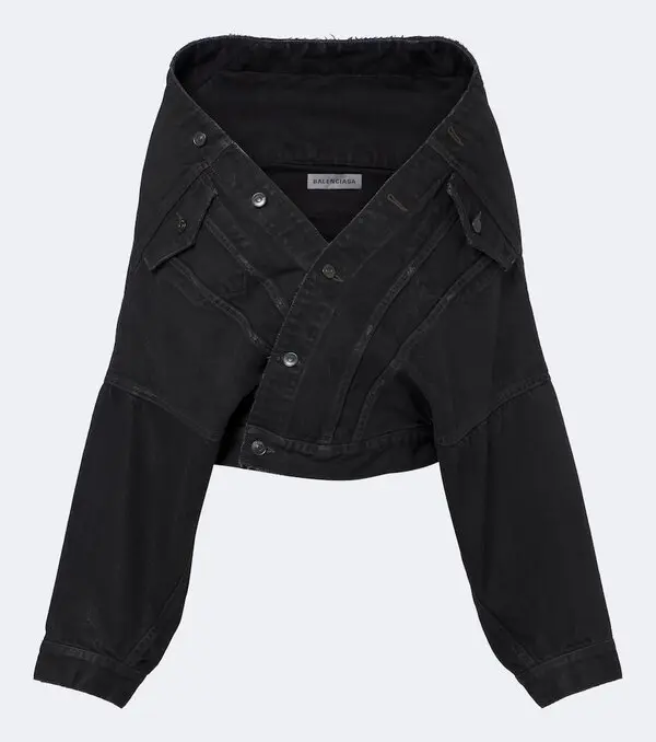 Balenciaga Denim Jacket With Classic Collar And Embroidered Detail - Black