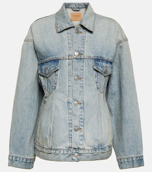 Balenciaga Denim Jacket With Classic Collar And Embroidered Detail - Blue
