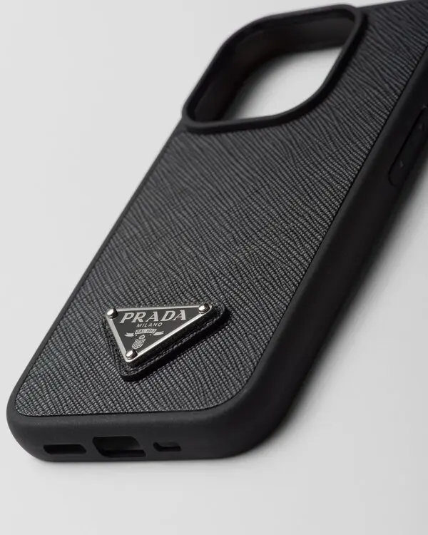 Prada Saffiano Leather Cover For Iphone 15 Pro - Black | Editorialist