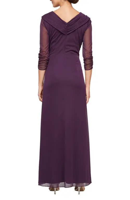 Alex Evenings Pleated Portrait Collar Chiffon Gown
