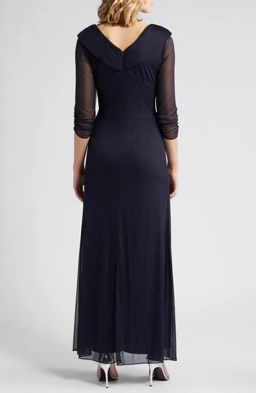 Alex Evenings Pleated Portrait Collar Chiffon Gown