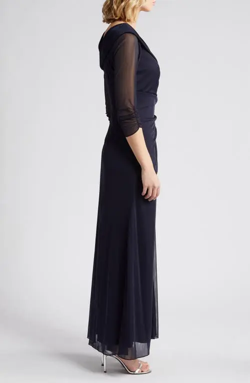 Alex Evenings Pleated Portrait Collar Chiffon Gown