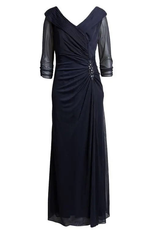 Alex Evenings Pleated Portrait Collar Chiffon Gown