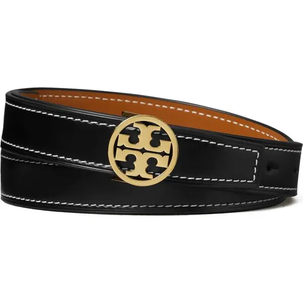 Tory Burch 1-inch Miller Reversible Leather Belt - Black/whiskey/gold