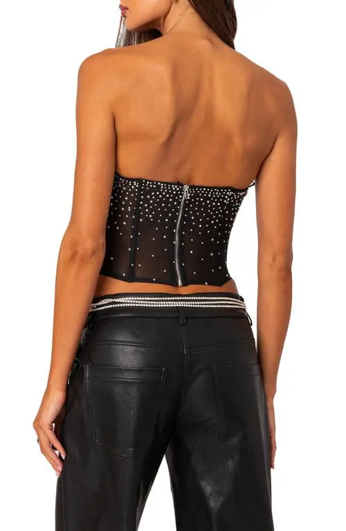 EDIKTED Crystal Embellished Strapless Mesh Corset Top - Black