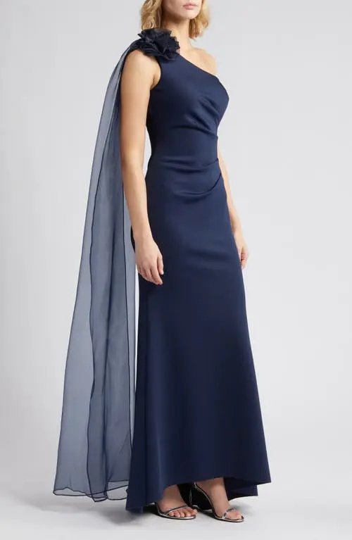 Eliza J One-Shoulder Jersey Gown With Scarf Detail - Navy | Editorialist