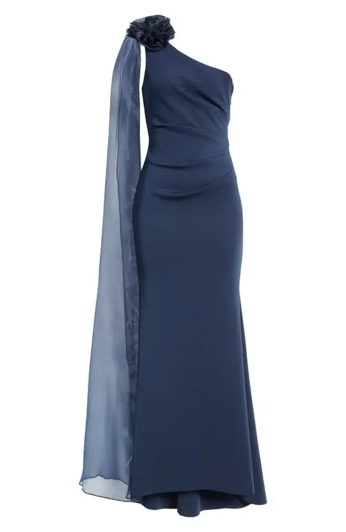 Eliza J One-Shoulder Jersey Gown With Scarf Detail - Navy | Editorialist