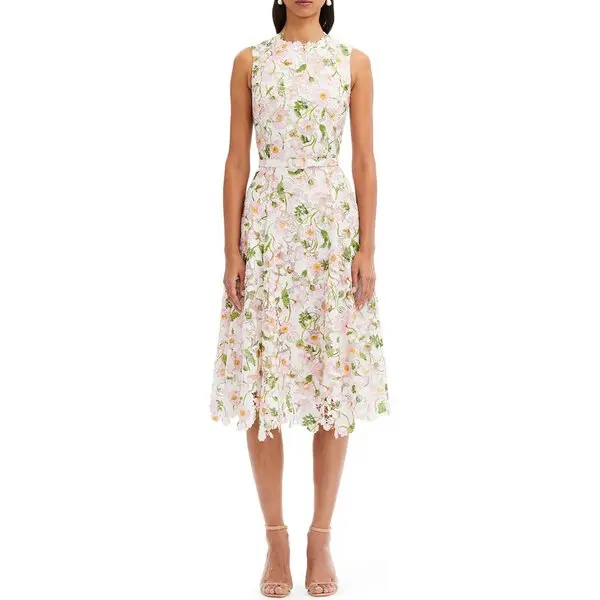 Oscar De La Renta Poppy Print Guipure Lace Midi Dress - White Multi
