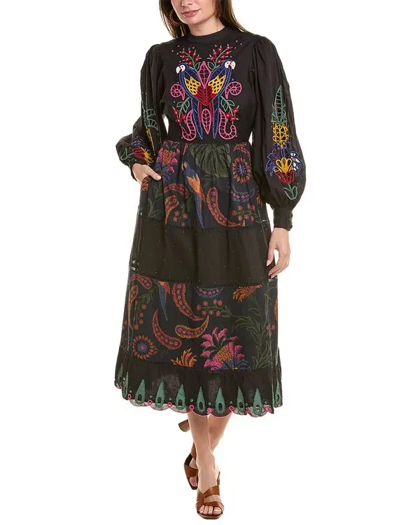 embroidered dress shirt men Yellow Embroidered Garden Tapestry Midi Dress – FARM Rio main image 1