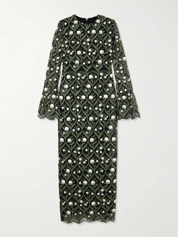 Agua Bendita Ellisella Perla Embroidered Tulle Maxi Dress - Green